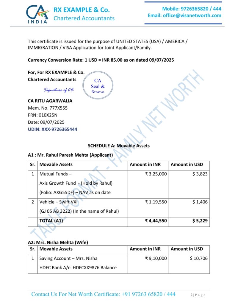 CA Report Format for Family Visa - Net Worth Report for Joint Visa