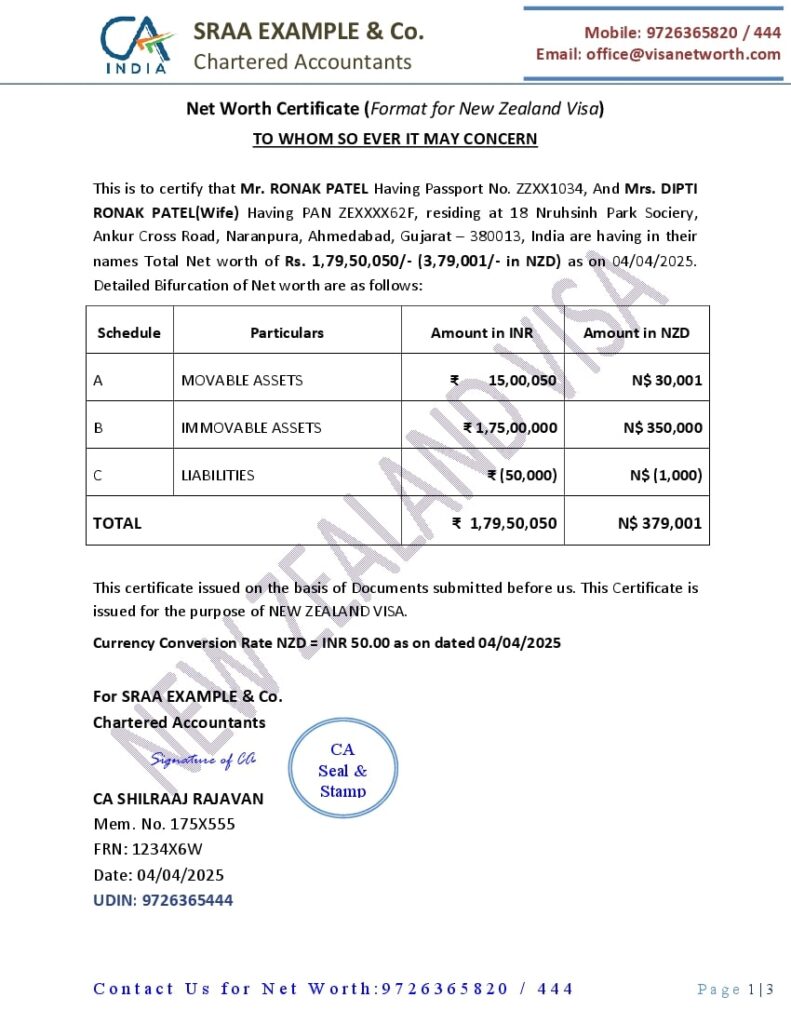 Net Worth Certificate for New Zealand Visa - CA Report in INR NZD