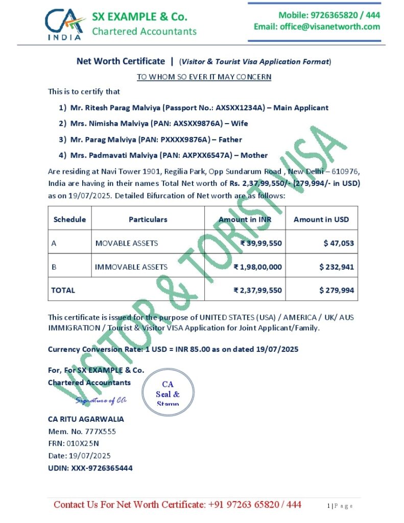 Net Worth Certificate for Visitor Visa - Get CA Report for Tour Visa