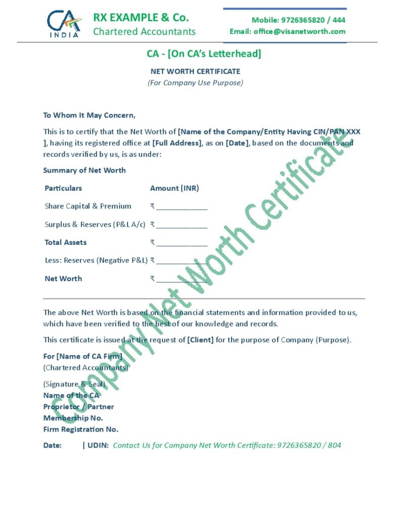 Net Worth Certificate for Company—Issued by CA with UDIN
