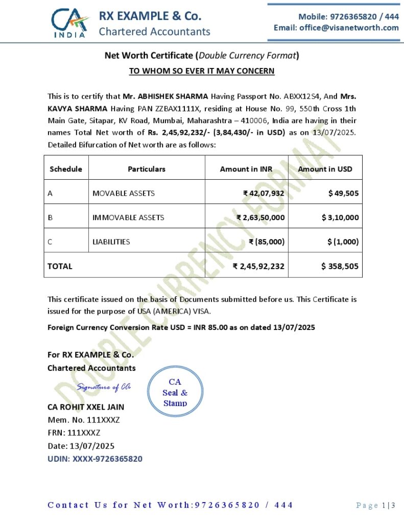 CA Report Format For Visa - ₹ v $ Double Currency Format for Visa