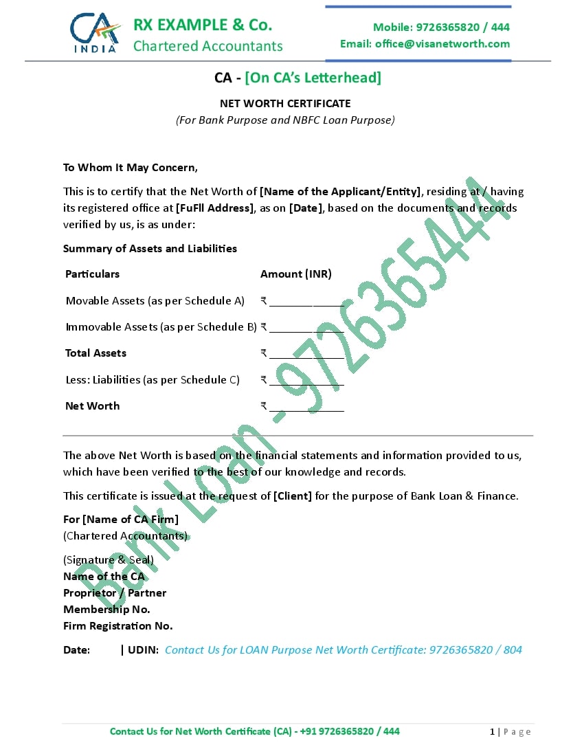 Net Worth Certificate for Bank Loan Purpose - CA Certified UDIN