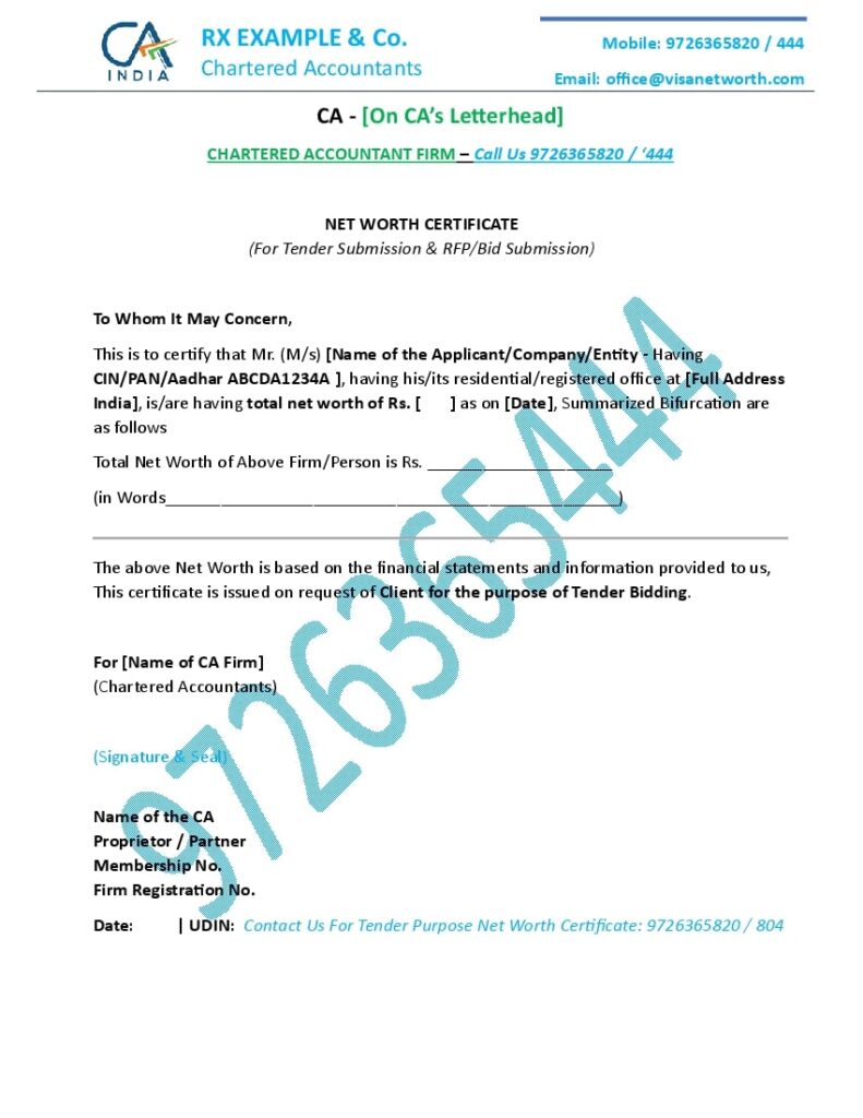 Net Worth Certificate for Tender - CA Report for Tender Purpose