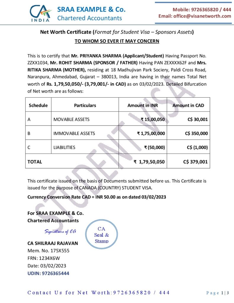 Net Worth Certificate Format for Student Visa - CA Report Sample
